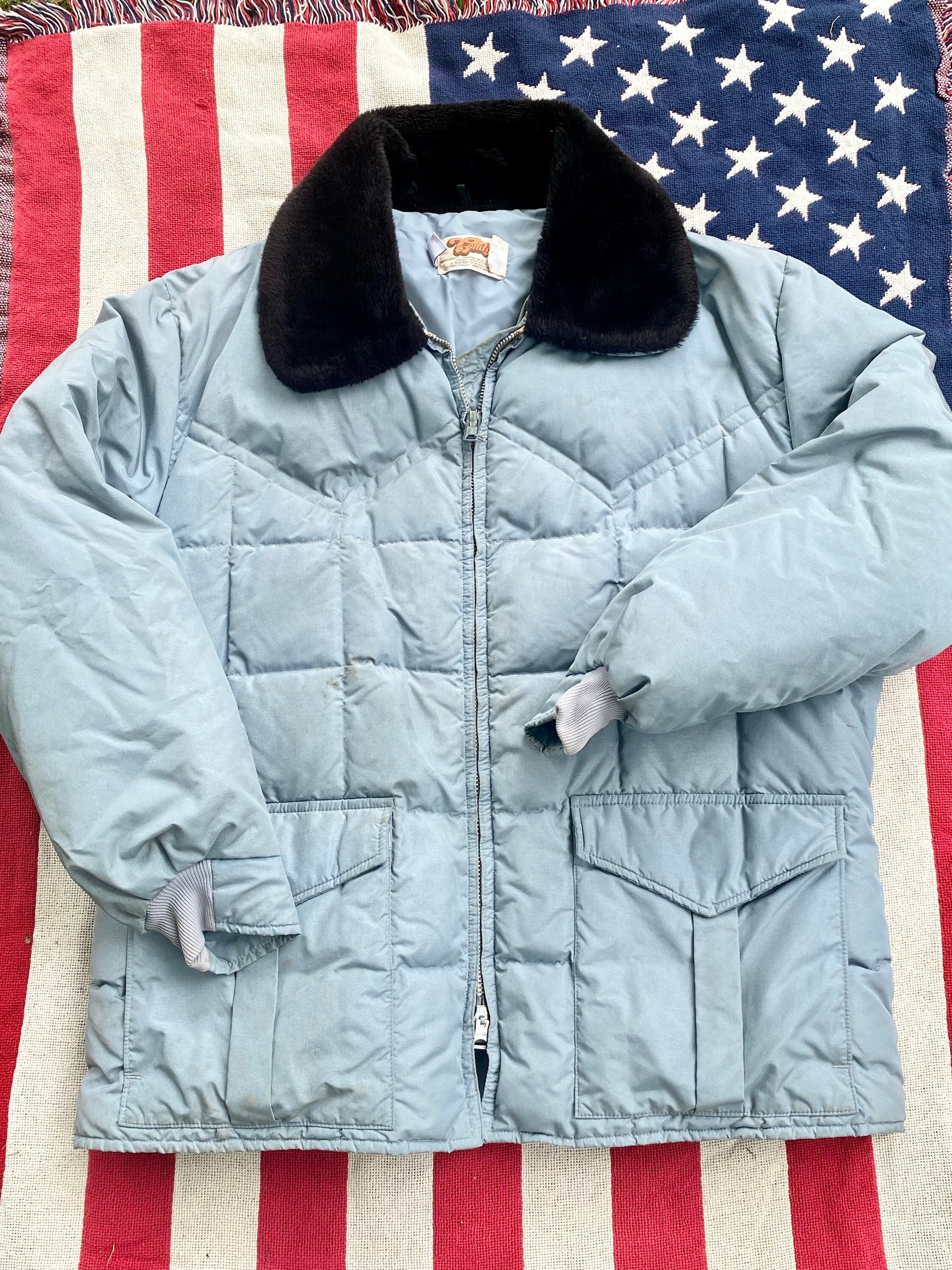 70s VTG Down Creations Blue Nylon Quilted Down Filled Puffer Jacket L ...