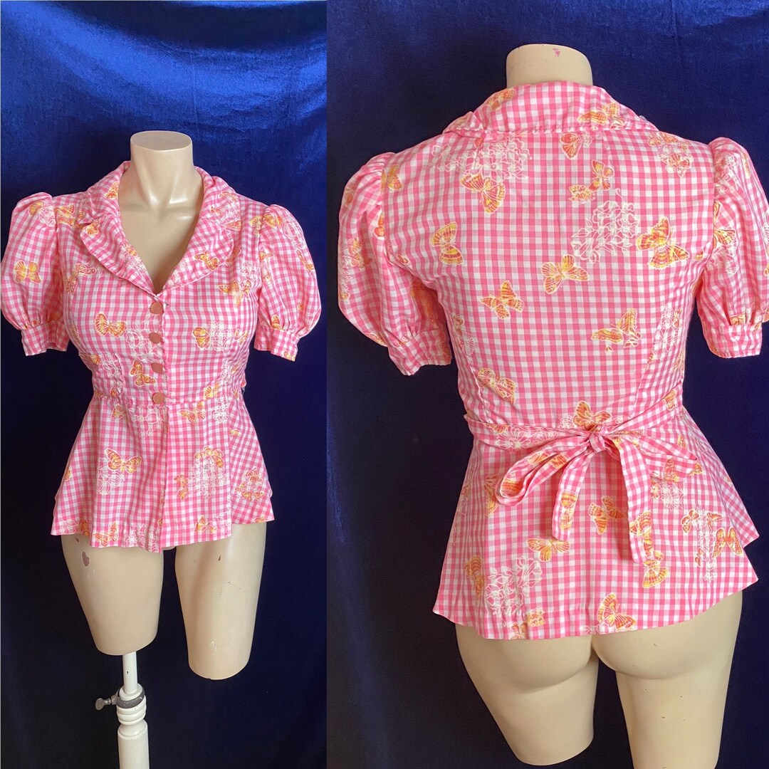 1950s Original Pink Gingham Belt Tie Blouse Puff Sleeves Size Small Uk ...