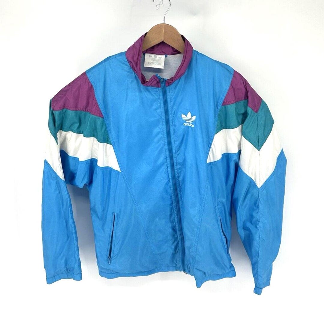 1980s Adidas Tracksuit Jacket Shell Suit Trackie Top Light Blue Trefoil ...