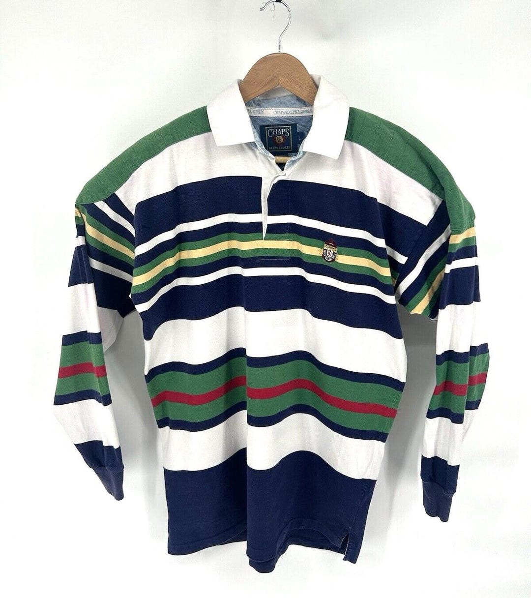 Chaps Ralph Lauren Rugby Shirt Green Blue Stripe Polo Preppy Vintage ...