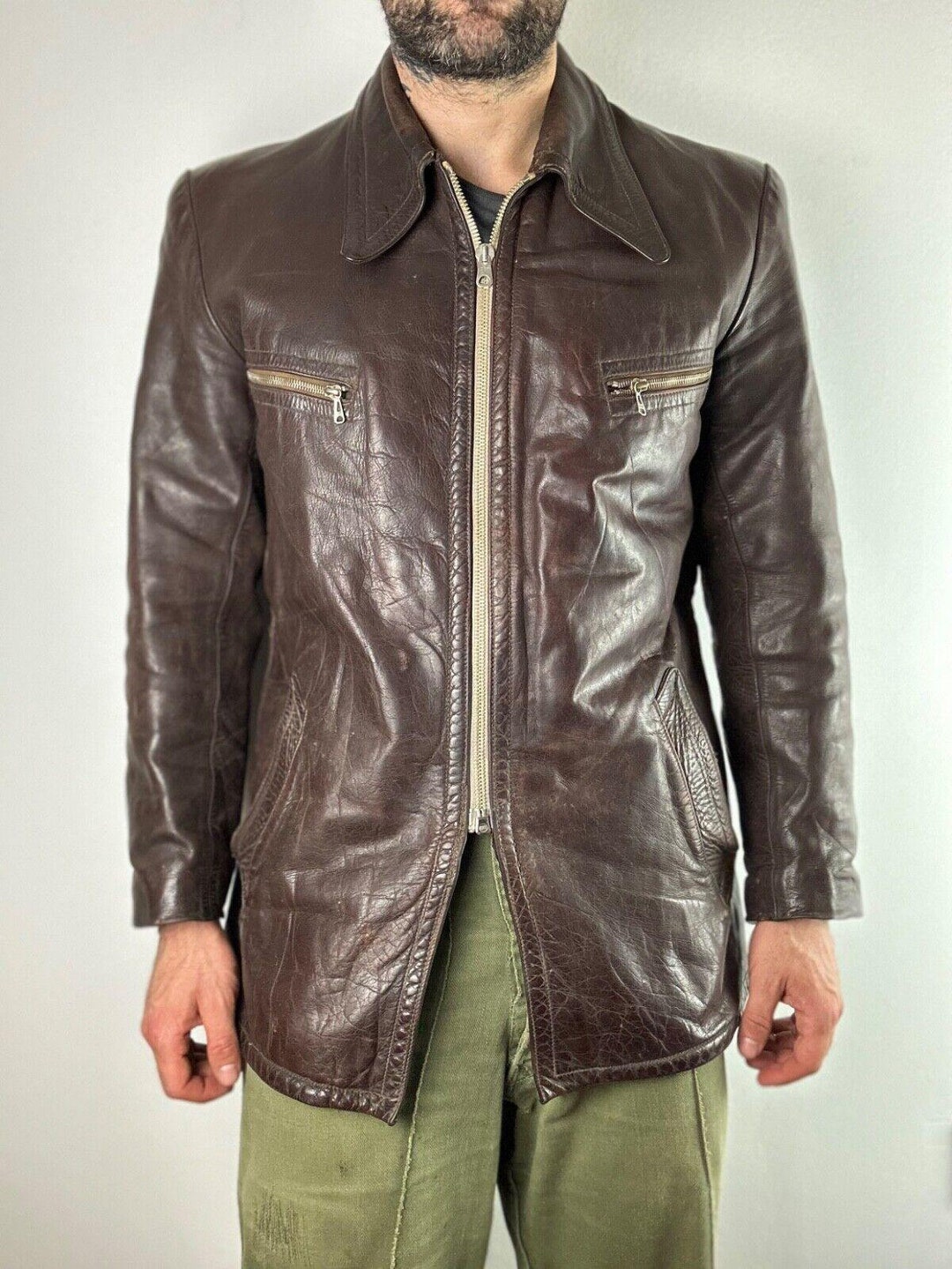 1940s Brown Leather Zip Jacket Horsehide Spear Collar Ww2 Workwear ...