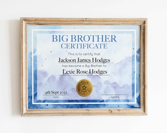Big Brother Certificate Printable for Kids New Sibling Keepsake Gift A4 ...