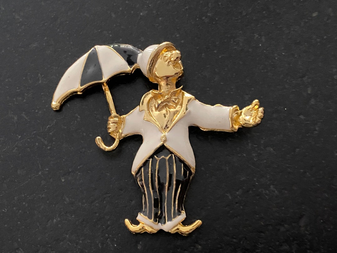 Vintage Singing Clown With Umbrella Brooch, Black White Enamel Gold ...