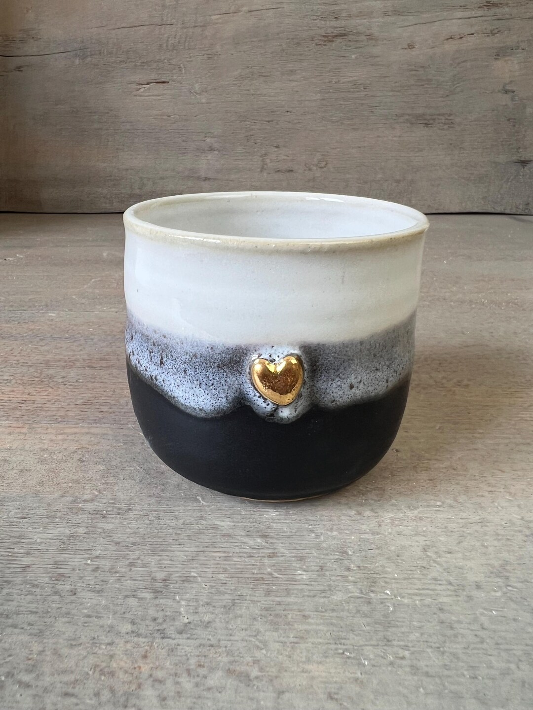 Small Handleless Cup in Black and White With a Small Gold Heart for a ...