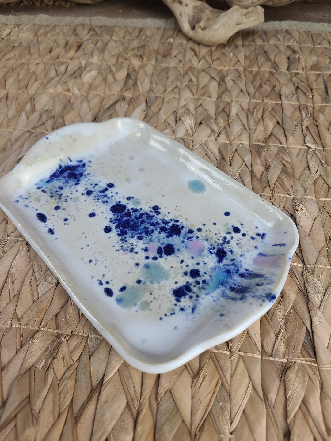 Small Square Dish or Tray in Enameled Stoneware, White and Blue Tones ...
