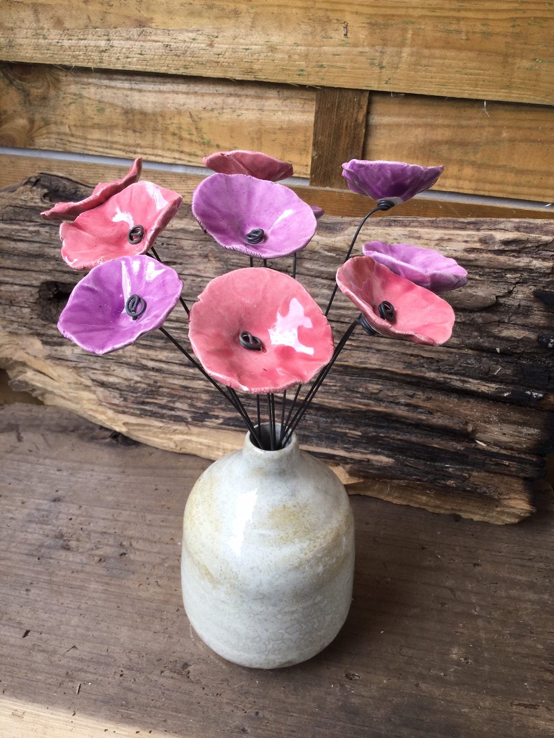 10 Small Purple and Old Pink Ceramic Flowers on Wire - Etsy