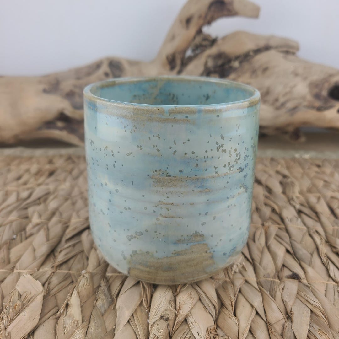 Handleless Mug/tumbler in Water Green and White Enameled Stoneware for ...