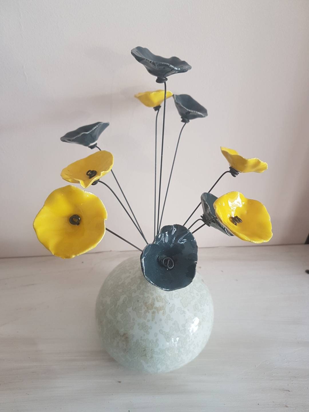 10 Small Ceramic Flowers – Yellow & Blue-grey - Etsy