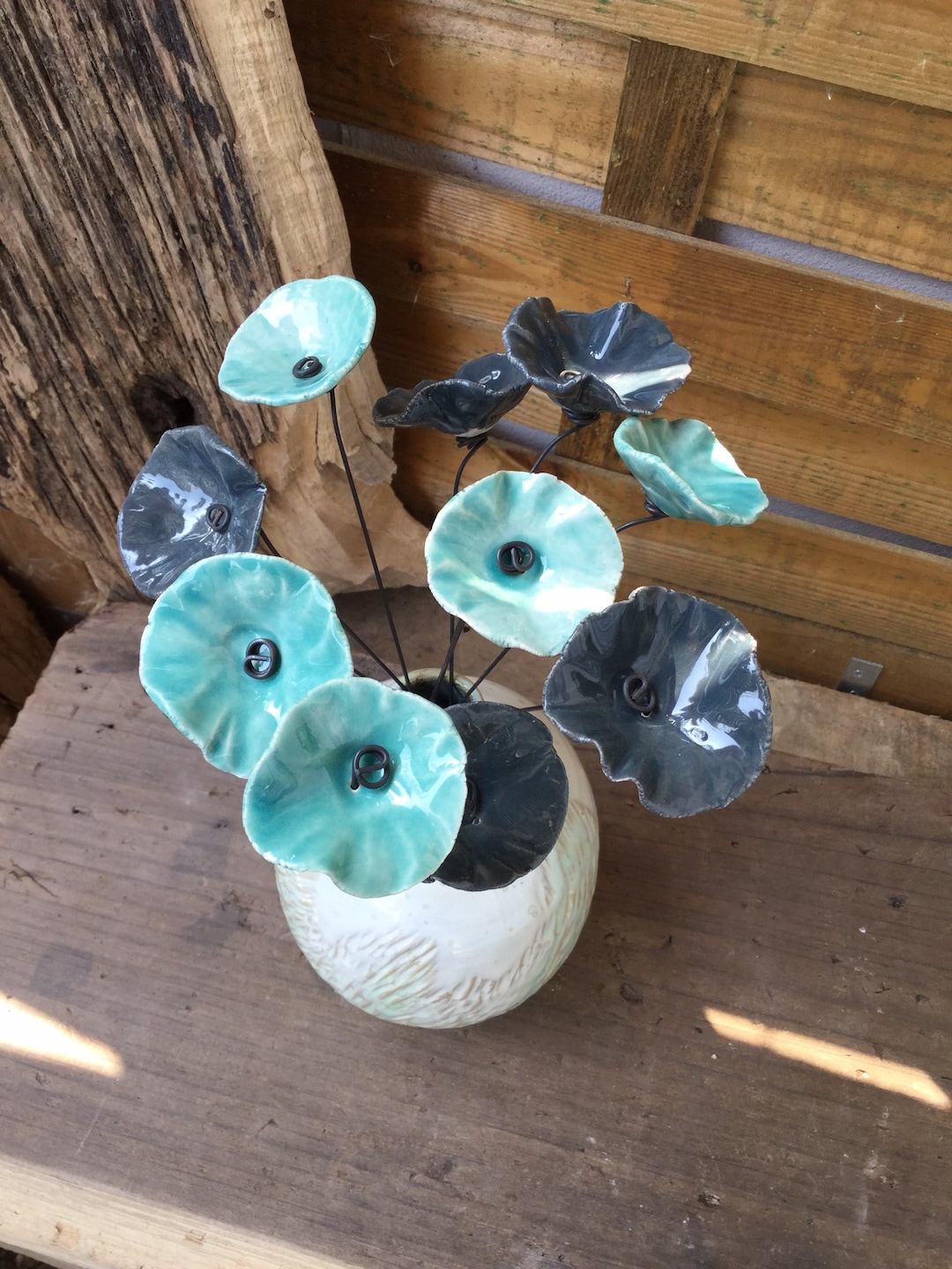 10 Small Grey, Blue and Celadon Ceramic Flowers on Wire - Etsy