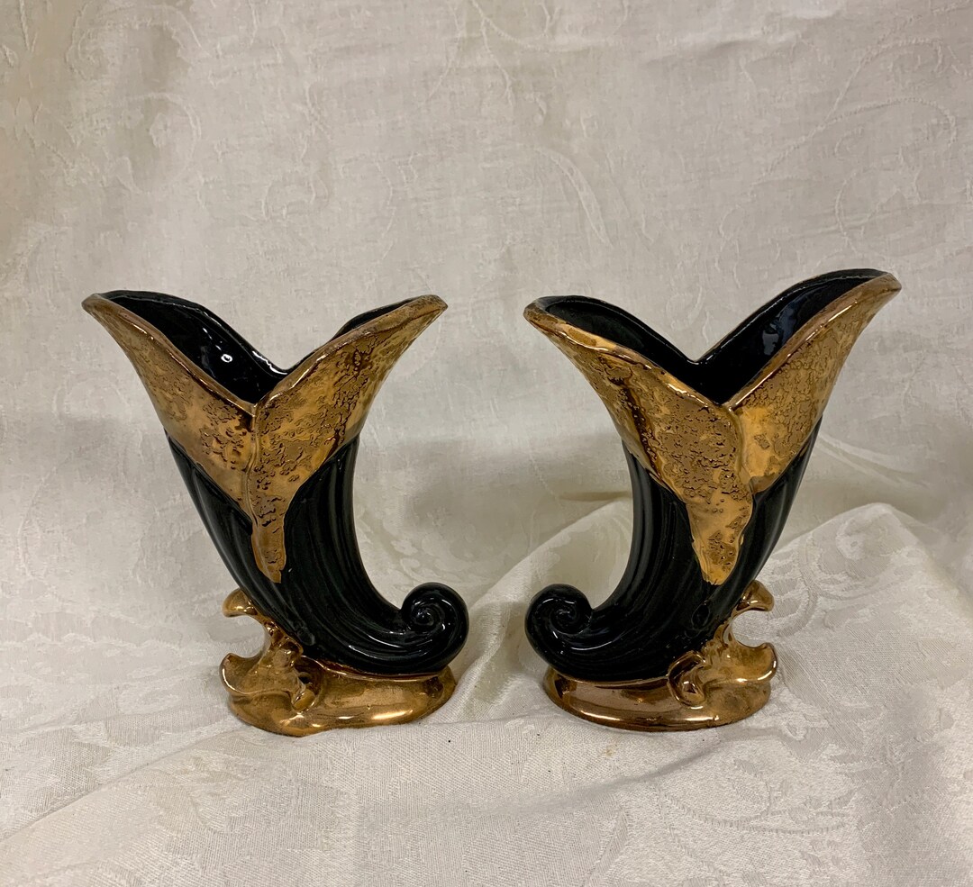 Pair of Mid Century Modern Cornucopia Vases, Weeping Gold and Black ...