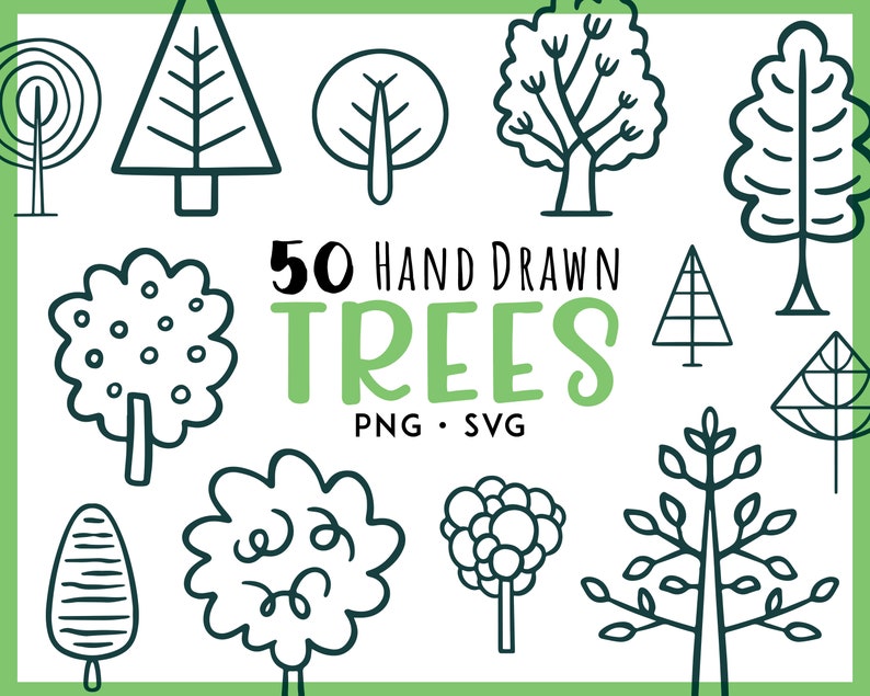 50 Trees Doodles, PNG SVG Bundle, Nature Line Art, Clipart Cricut ...