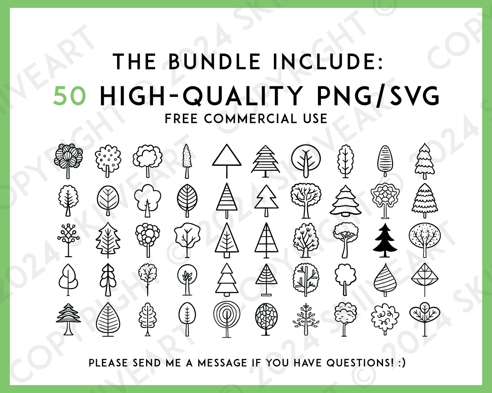 50 Trees Doodles, PNG SVG Bundle, Nature Line Art, Clipart Cricut ...