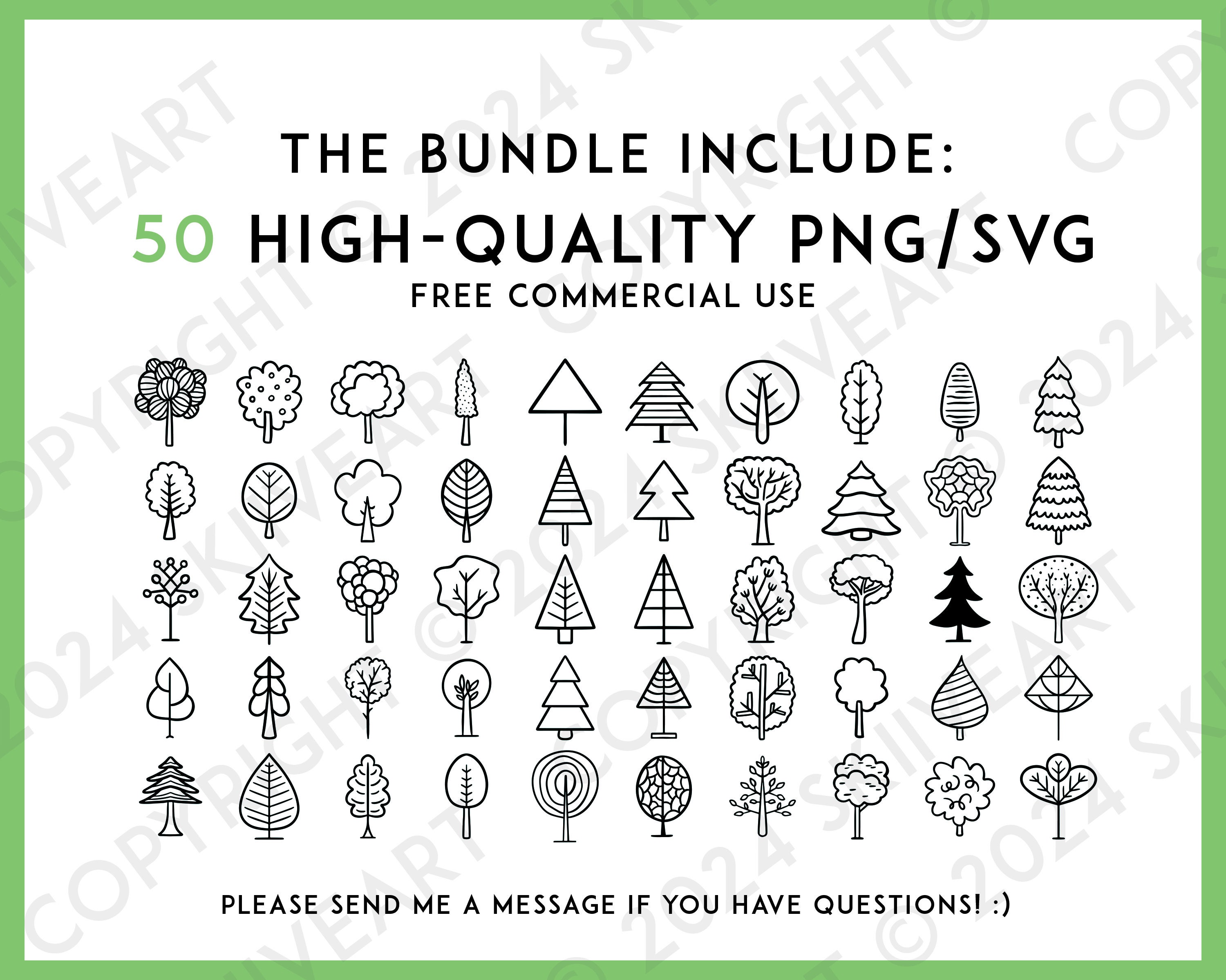 50 Trees Doodles, PNG SVG Bundle, Nature Line Art, Clipart Cricut ...
