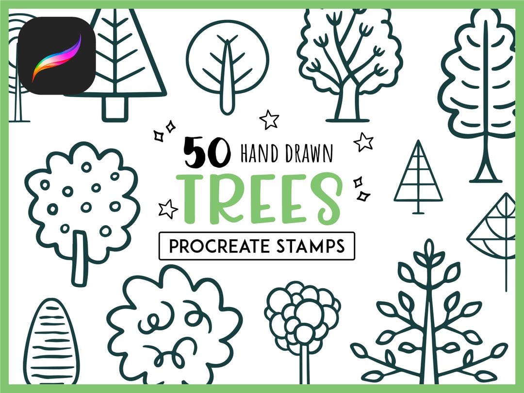 50 Tree Stamps for Procreate, Nature Line Art, Clipart Nature Outline ...