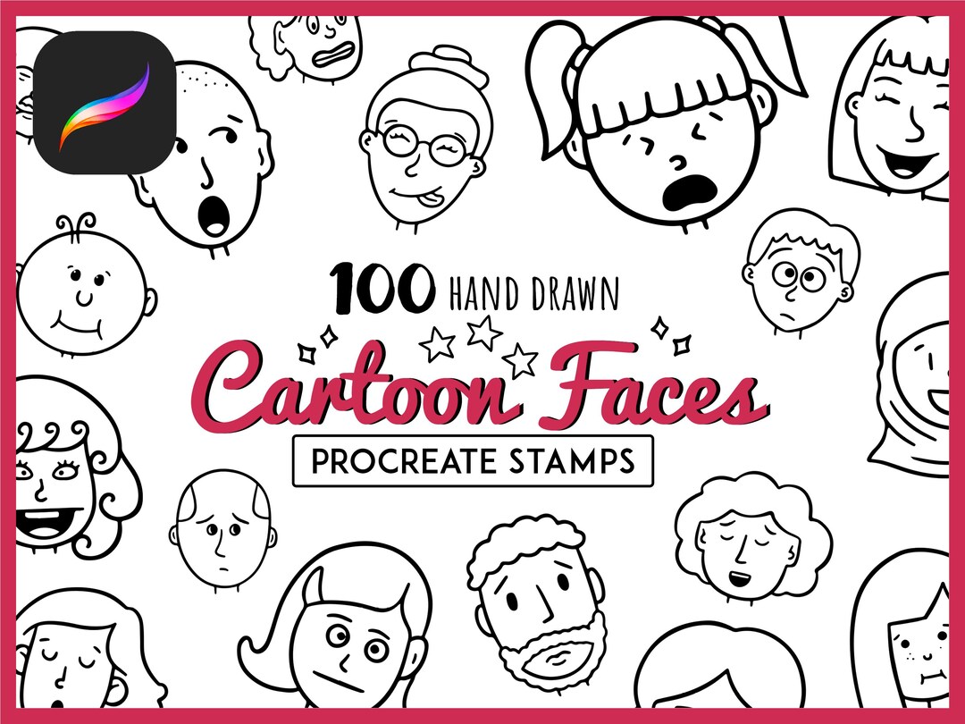 100 Handdrawn Cartoon Faces Stamps for Procreate, Cute Kids Line Art ...