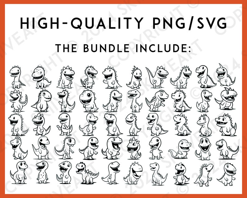 Cute Dinosaur Cartoon PNG, SVG, Clipart Bundle, Line Art, Dino School ...