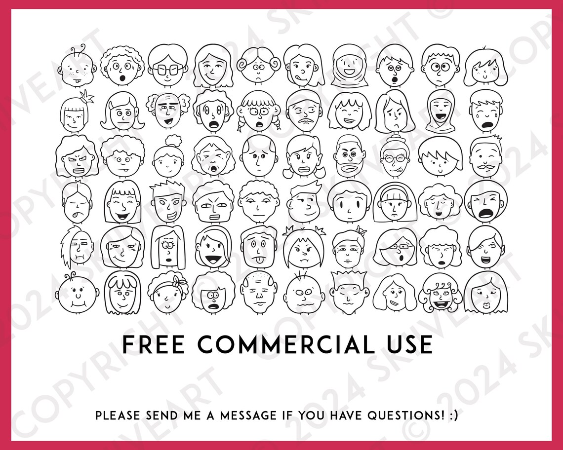 100 Handdrawn Cartoon Faces Clipart, PNG & SVG Bundle, Cute Kids Line ...