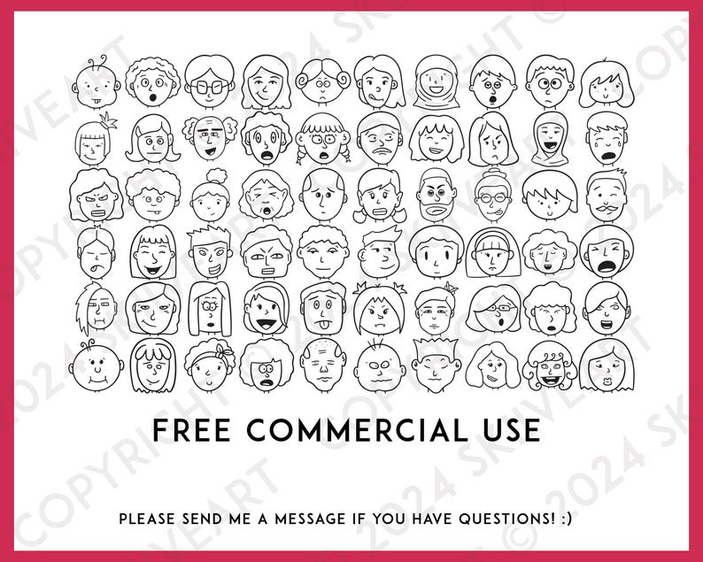 100 Handdrawn Cartoon Faces Clipart, PNG & SVG Bundle, Cute Kids Line ...