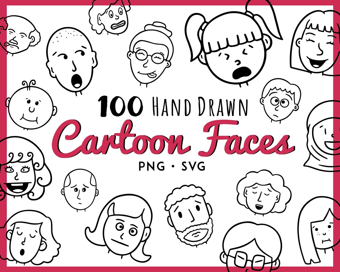 100 Handdrawn Cartoon Faces Clipart, PNG & SVG Bundle, Cute Kids Line ...