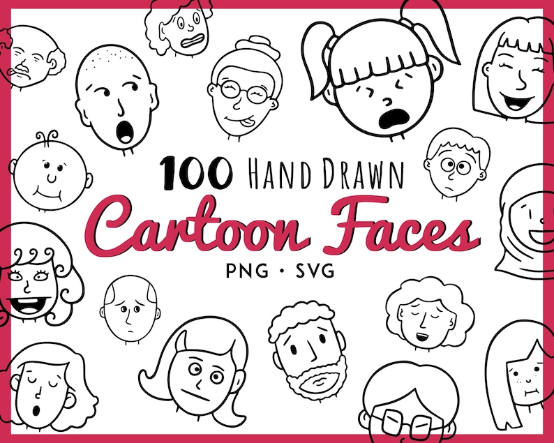 100 Handdrawn Cartoon Faces Clipart, PNG & SVG Bundle, Cute Kids Line ...