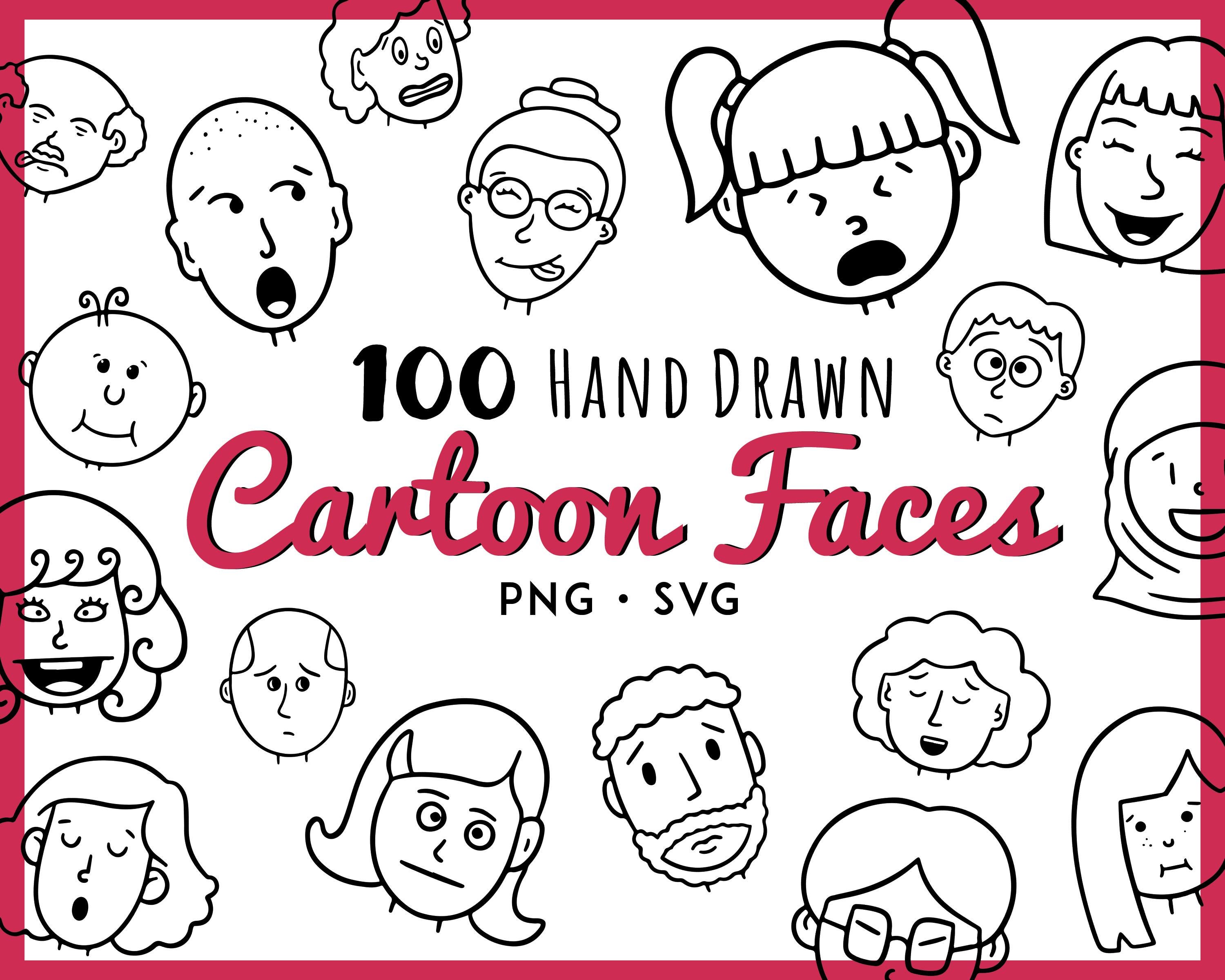 100 Handdrawn Cartoon Faces Clipart, PNG & SVG Bundle, Cute Kids Line ...