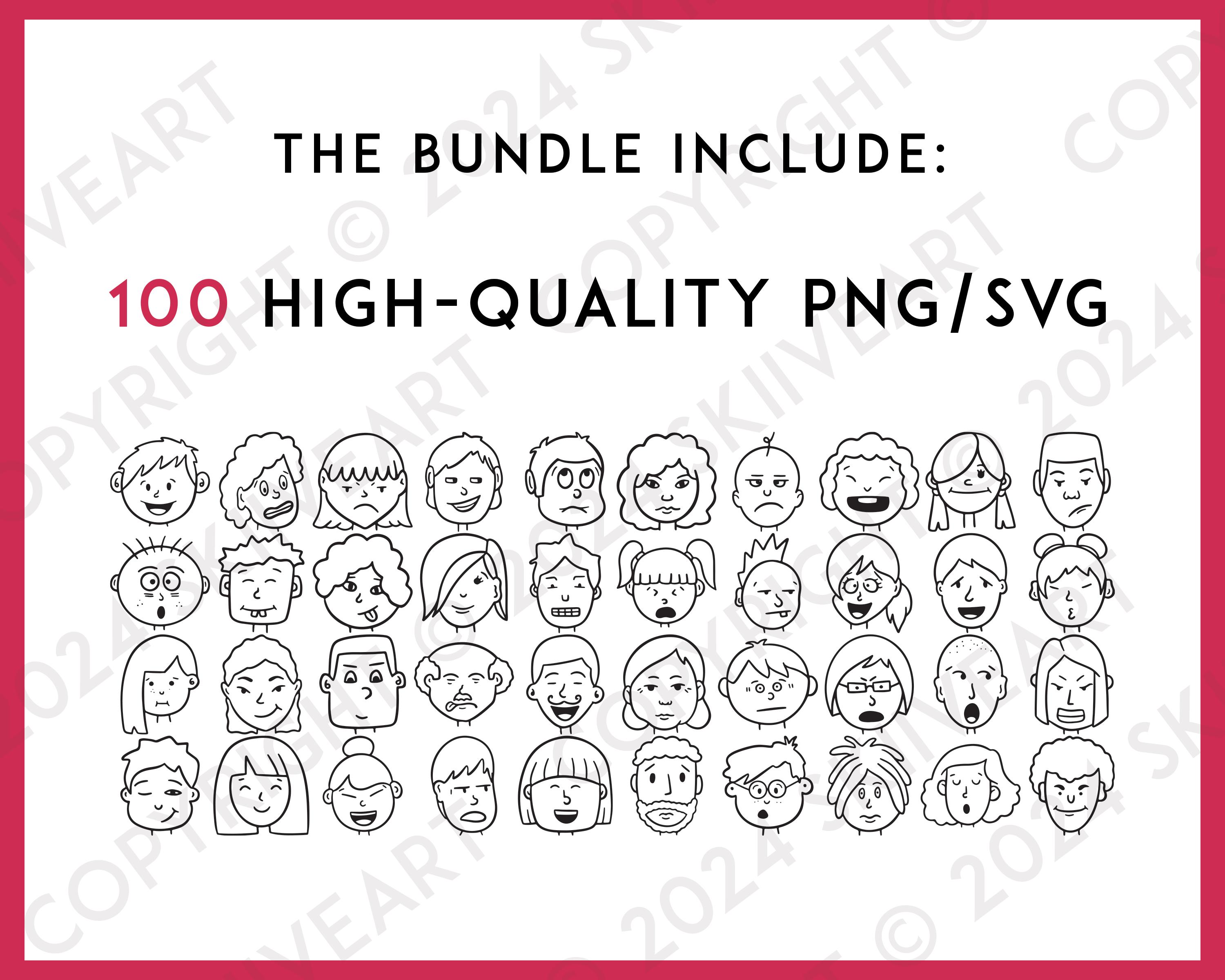 100 Handdrawn Cartoon Faces Clipart, PNG & SVG Bundle, Cute Kids Line ...