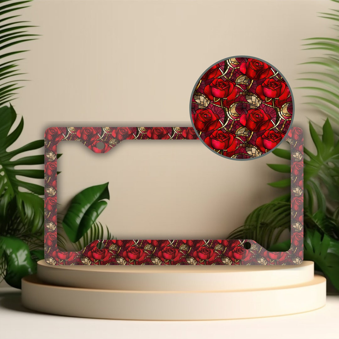 Stained Glass Red Rose License Plate Frame: Floral Car Decor for Women ...