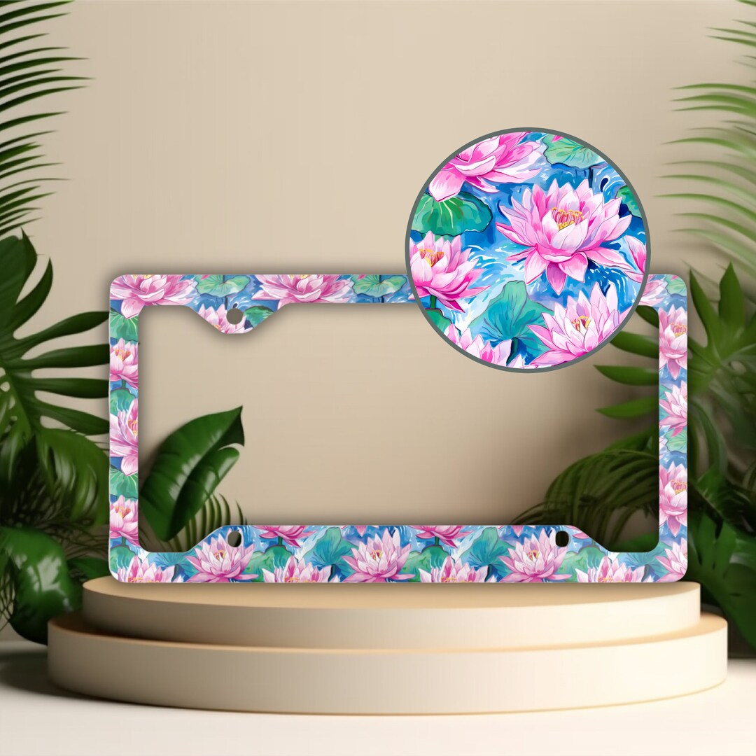 Preppy License Plate Frame, Floral Car Decor, Watercolor Lotus Vanity ...