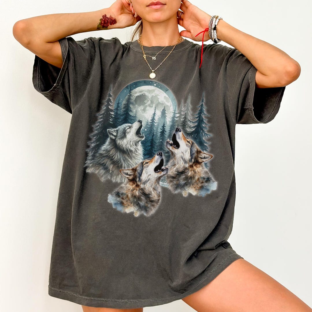 Howling Wolves Vintage 90s Style Graphic Shirt, Silver Wolf Moon ...