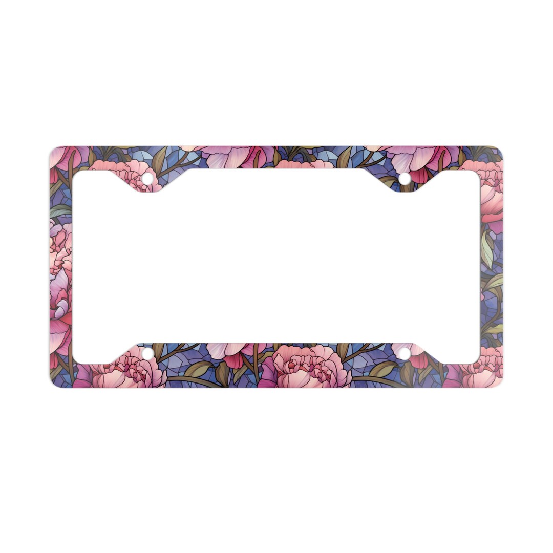 Stained Glass License Plate Frame, Floral Pink Peony Vanity Car Tag ...