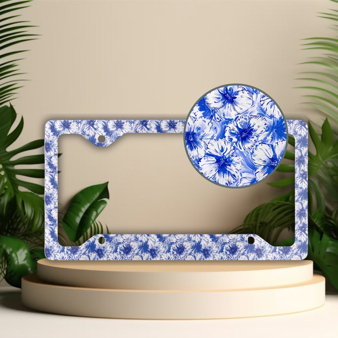 Blue and White Floral License Plate Frame, Flower Car Decor, Decorative ...