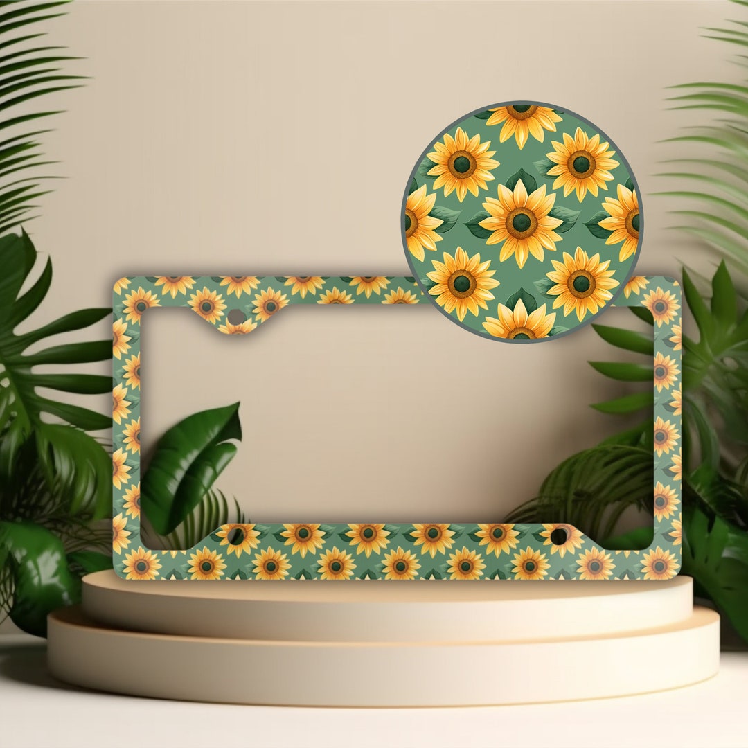 Sunflower License Plate Frame: Floral Car Decor, Green Vanity Tag Cover ...