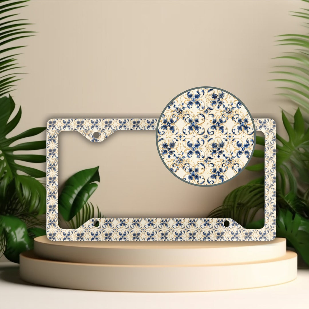 Blue Porcelain Patterned License Plate Frame: Vintage Inspired Car ...