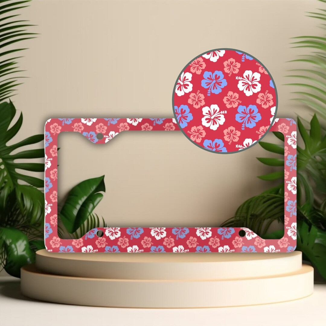 Retro Pink Hibiscus License Plate Frame, Hawaiian Floral License Plate ...