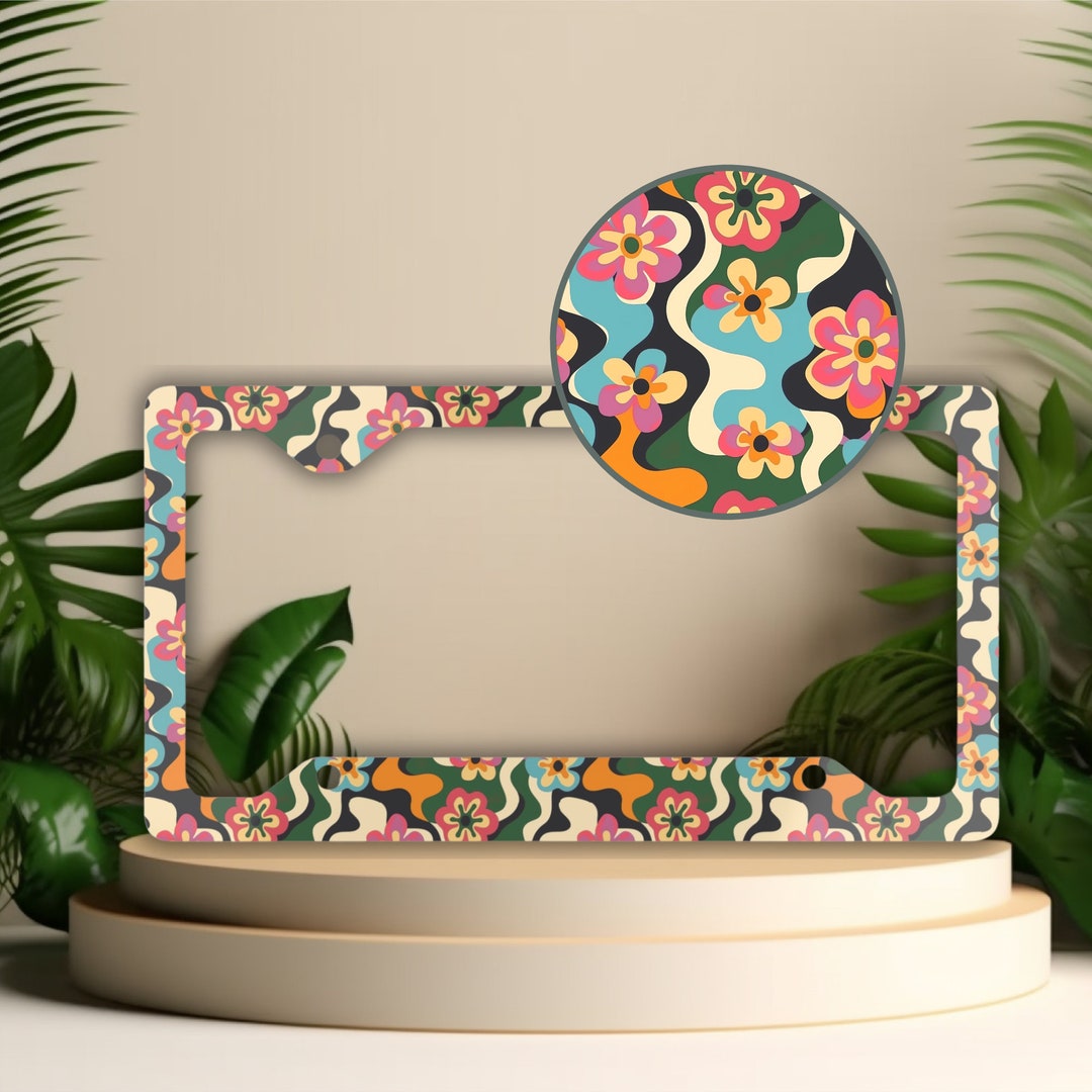 Floral License Plate Frame, Groovy Car Decor, Colorful Car Accessories ...