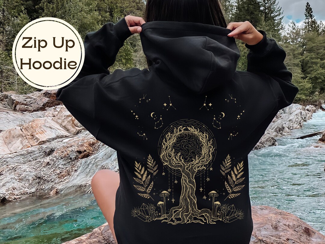 Black Mystical Tree Celestial Zip up Hoodie Esoteric Crystals and ...