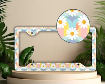 Blue Boho Floral Car Metal License Plate Frame, Groovy Hippie Flower ...