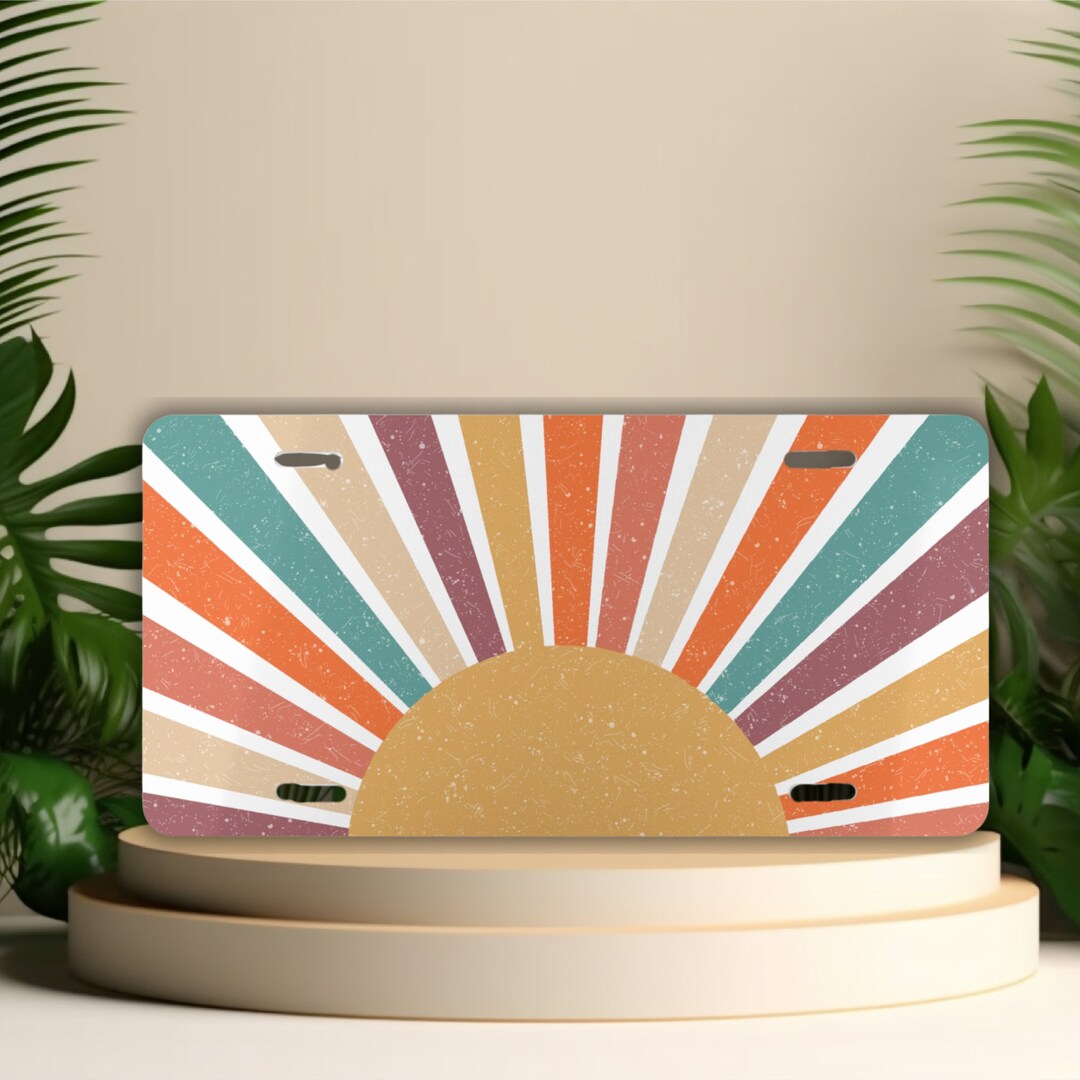 Boho Front License Plate, Retro Sunset Vanity Car Tag, Distressed Sun ...