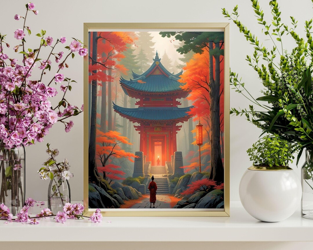 Japanese Temple Wall Art, Autumn Pagoda Poster, Zen Buddhist Artwork ...