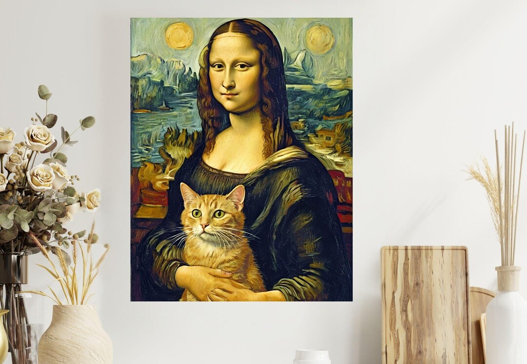 Funny Cat & Mona Lisa Art Print, Weird Animal Poster, Funny Renaissance ...
