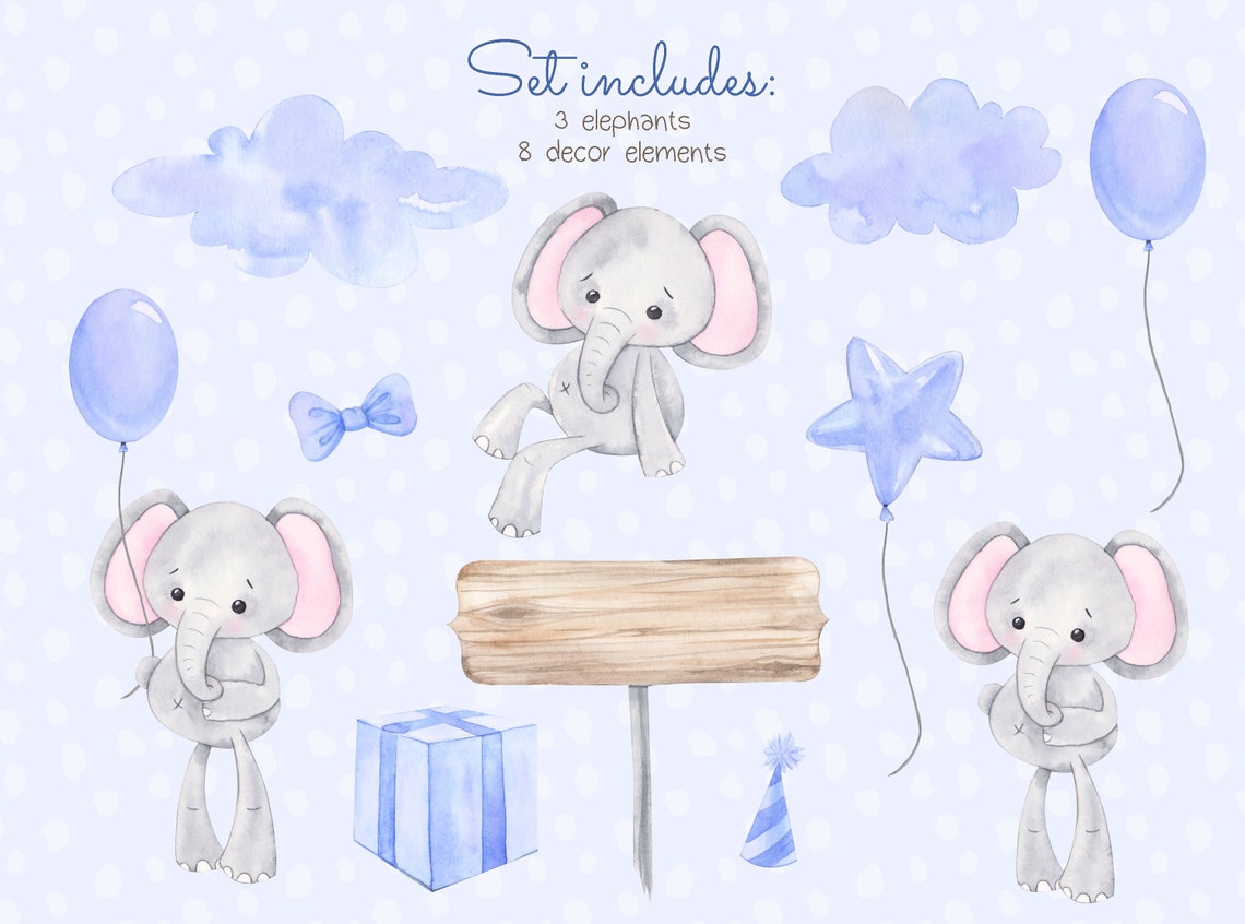 Baby Boy Elephant Watercolor Clipart, Nursery Decor, Balloons ...