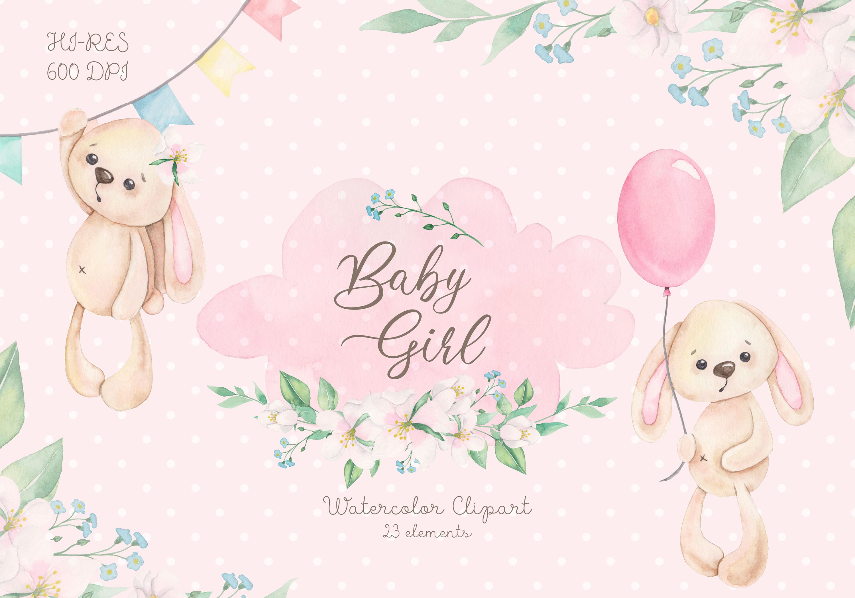 Baby Girl Bunny Watercolor Clip Art, Rabbit, Nursery Decor, Kids ...