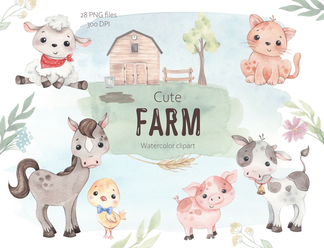 Cute Farm Watercolor Clipart, Cow, Horse, Cat, Sheep, Pig, Chicken ...
