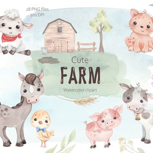 Cute Farm Watercolor Clipart, Cow, Horse, Cat, Sheep, Pig, Chicken ...