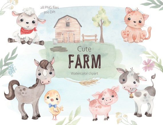Cute Farm Watercolor Clipart Cow Horse Cat Sheep Pig - Etsy