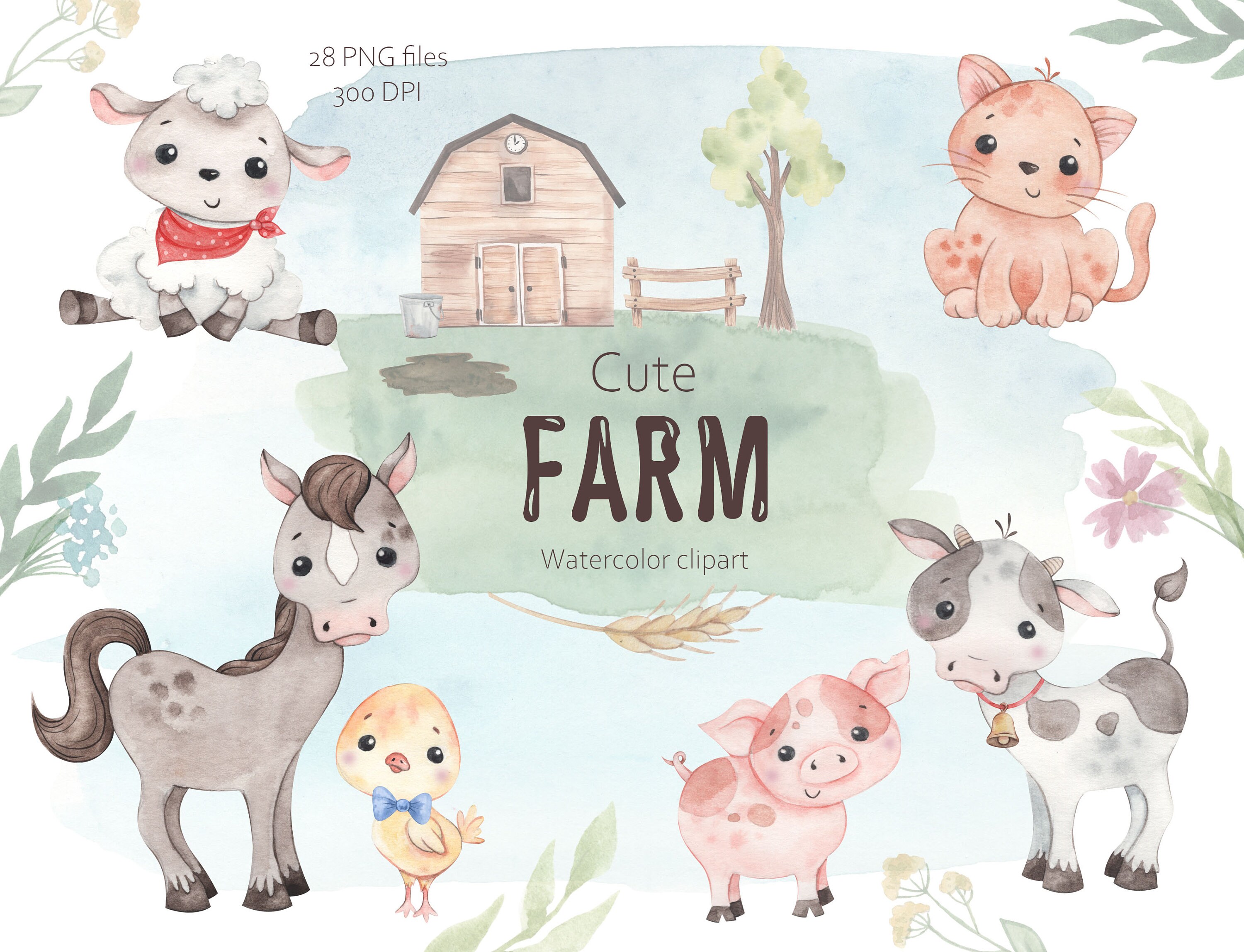 Cute Farm Watercolor Clipart, Cow, Horse, Cat, Sheep, Pig, Chicken ...