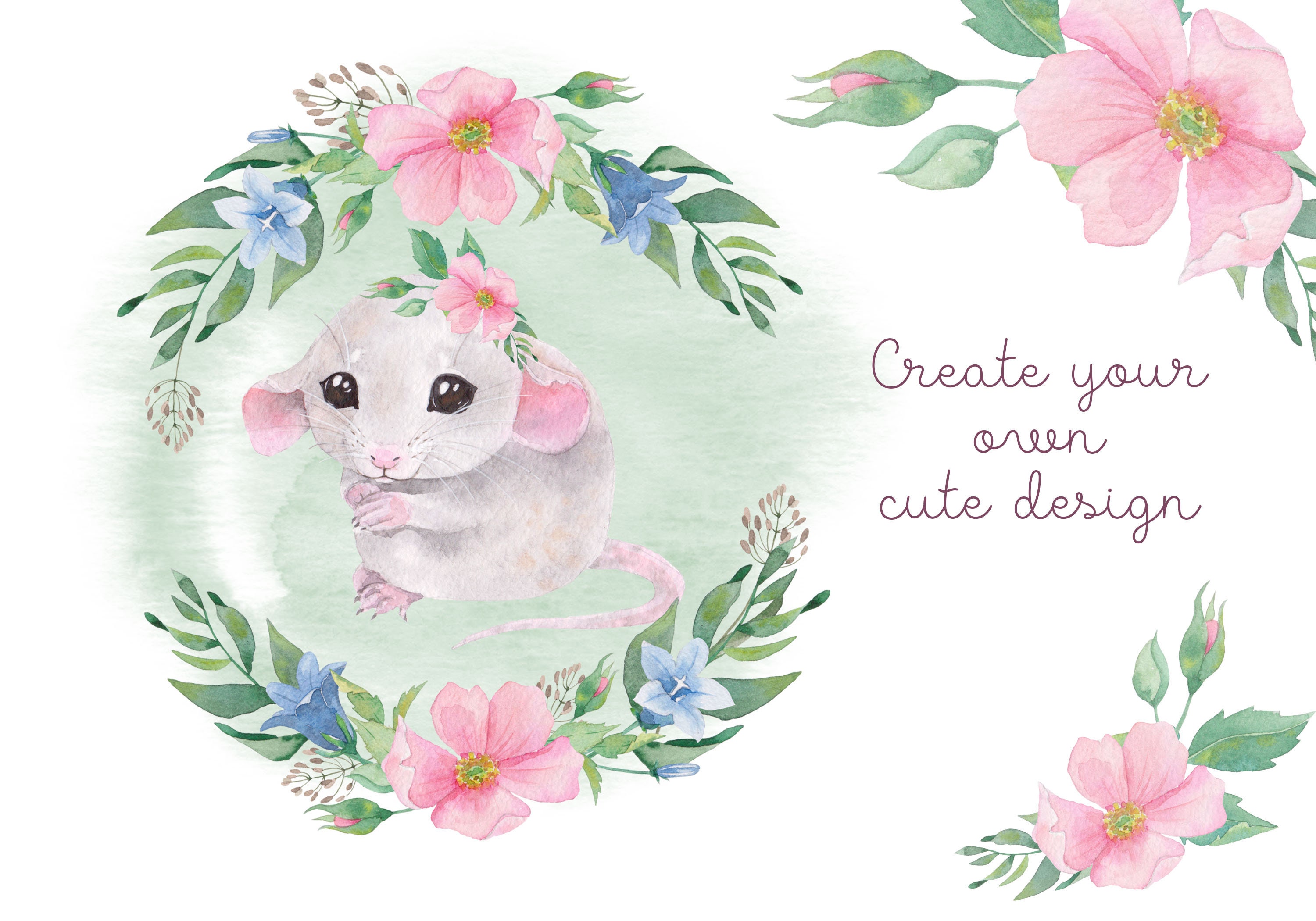 Lovely Mouse Watercolor Clipart, Baby Nursery Clip Art, Rose and ...