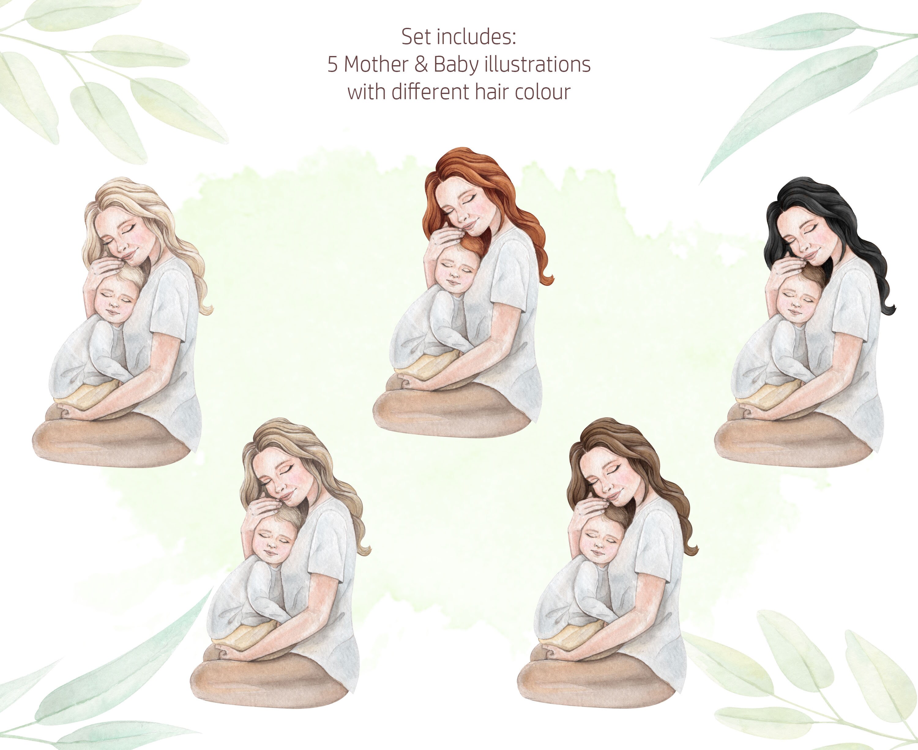 Mother and Baby Watercolor Clipart, Flower Decorations, Printable ...