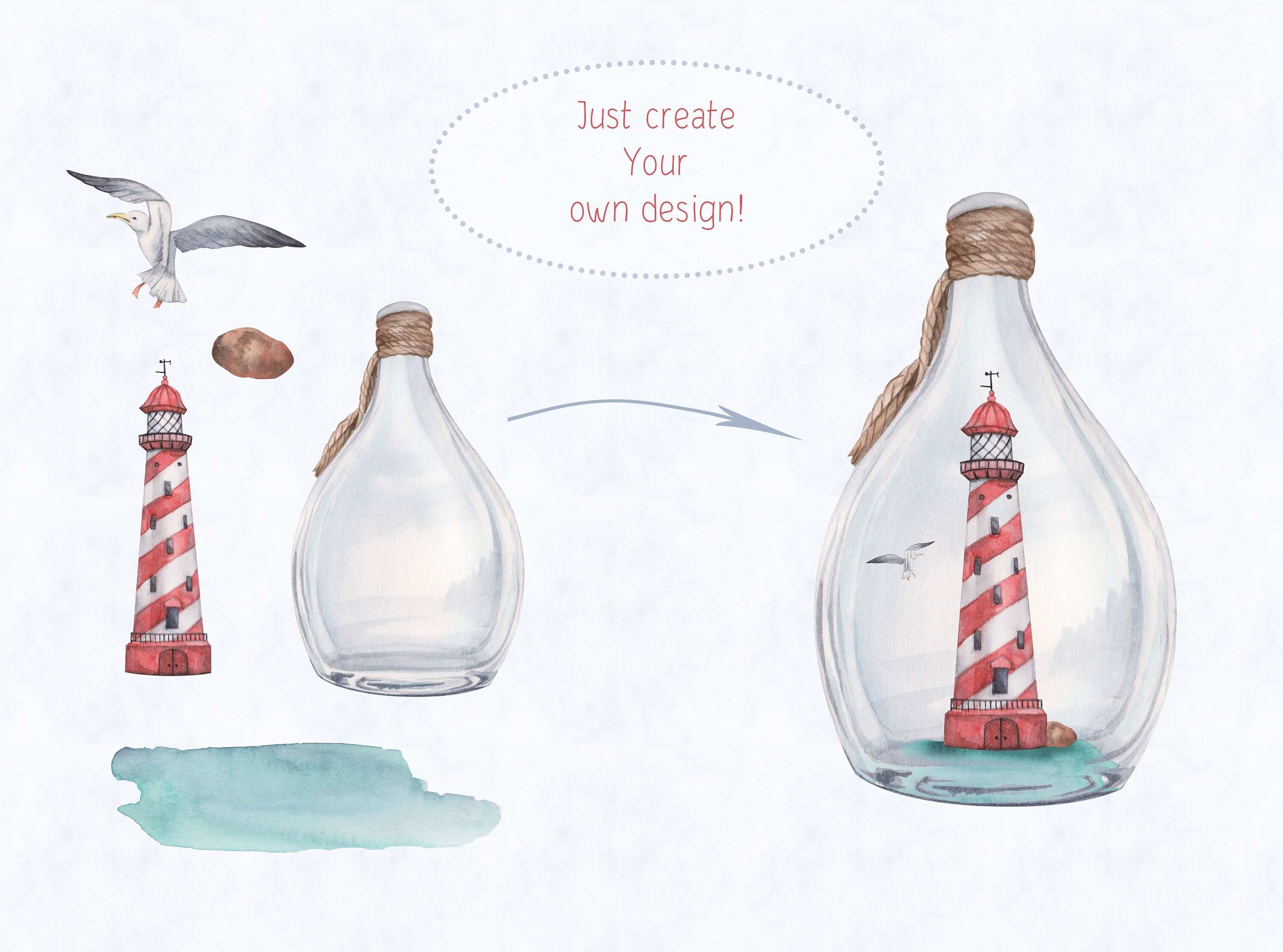 Watercolor Nautical Clipart, Beautiful Sea Creatures, Lighthouse, Whale ...