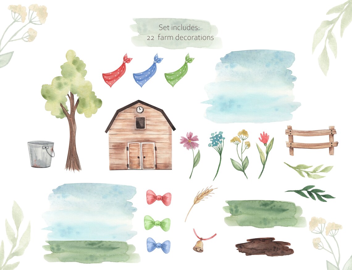 Cute Farm Watercolor Clipart, Cow, Horse, Cat, Sheep, Pig, Chicken ...